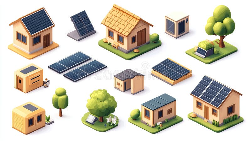 Isometric Illustration of Eco-friendly Houses, Solar Panels, and Trees ...