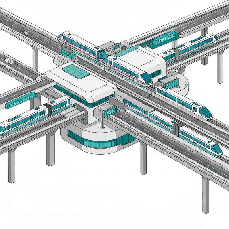 Sometric Illustration of an Elevated Train System Featuring Multiple ...
