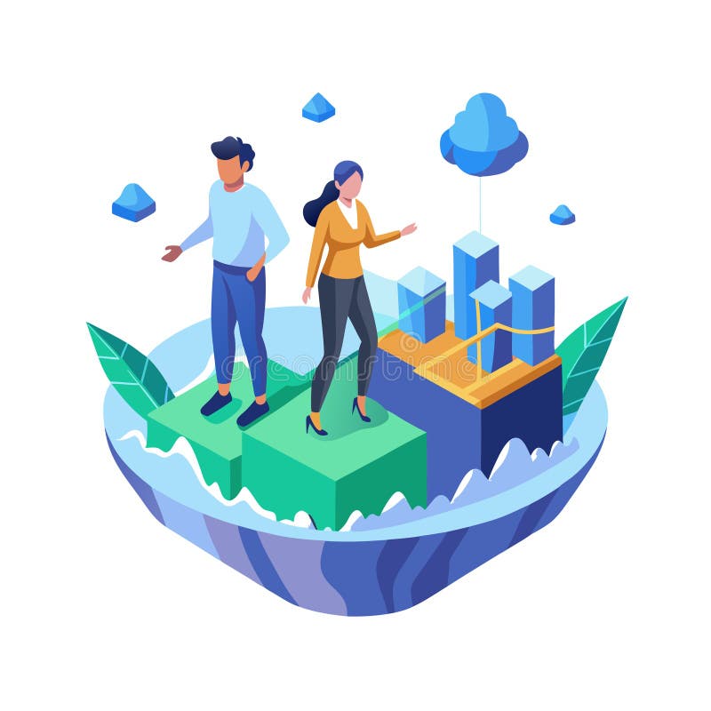 Isometric Business Team Collaboration on Abstract Platform with Cloud ...