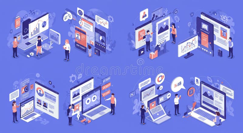 Isometric Illustration Featuring Groups of People Interacting with ...