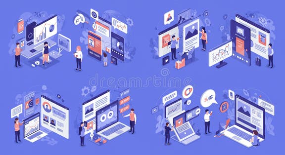 Isometric Illustration Featuring Groups of People Interacting with ...