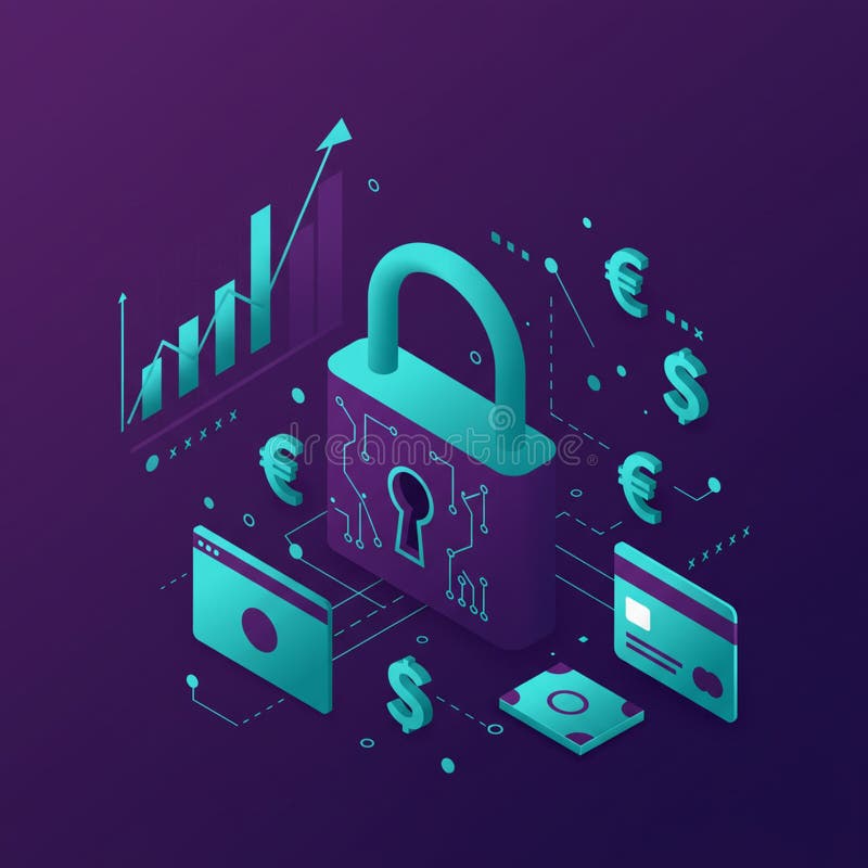 Isometric Illustration Featuring a Large Turquoise Padlock at the ...