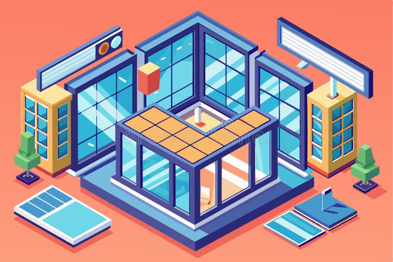 An Isometric Illustration Featuring a Modern Building with Large ...