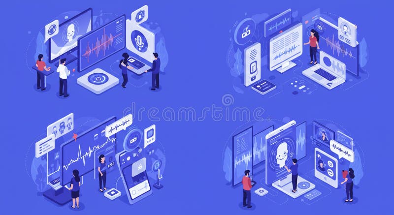Isometric Illustration Featuring Multiple AI Technology Scenes. Four ...