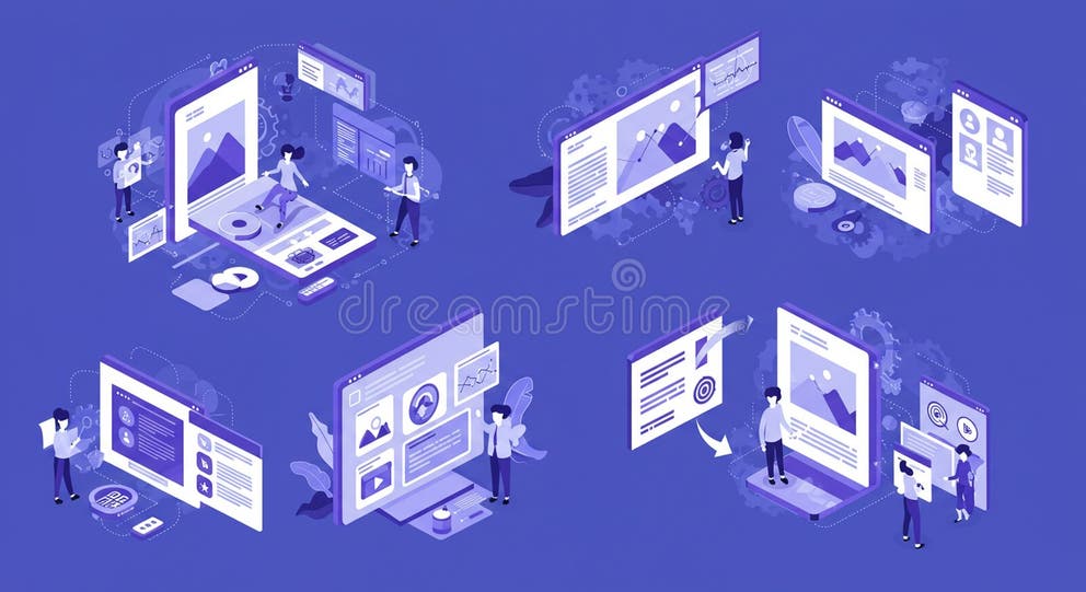 Isometric Illustration Featuring Multiple Digital Design Workstations ...