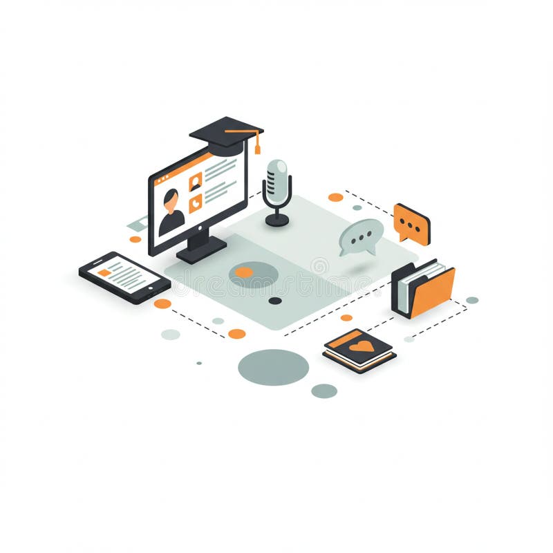 Isometric Illustration Featuring Online Learning Tools Like a Desktop ...