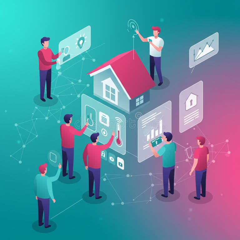 Isometric Illustration Featuring Several Men Interacting with Digital ...