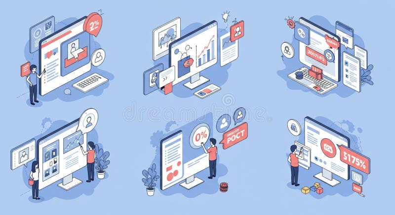 Isometric Illustration Featuring Six Scenes of People Interacting with ...