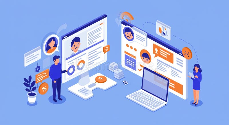 Isometric Illustration Featuring Two People Interacting with Digital ...