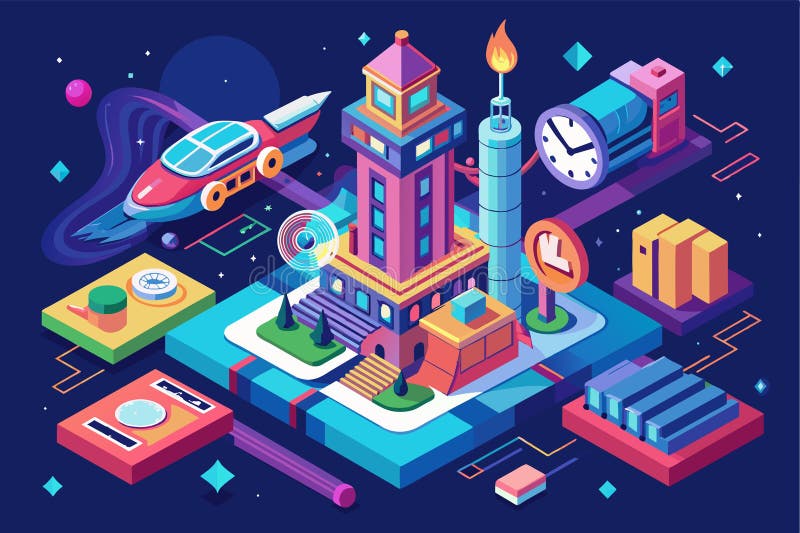 Isometric Illustration Featuring a Vibrant Building with a Rocket ...