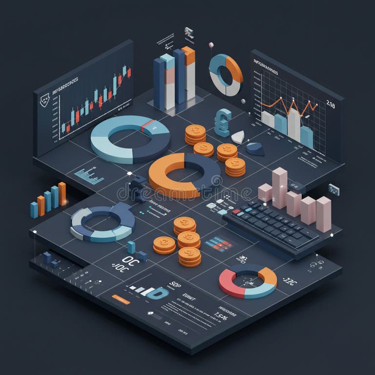 Isometric Illustration of Financial Data Visualization Featuring Charts ...