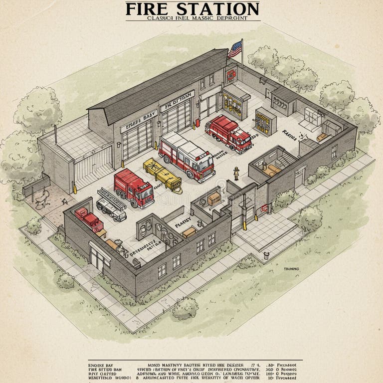Isometric Illustration of a Fire Station Featuring Multiple Sections ...