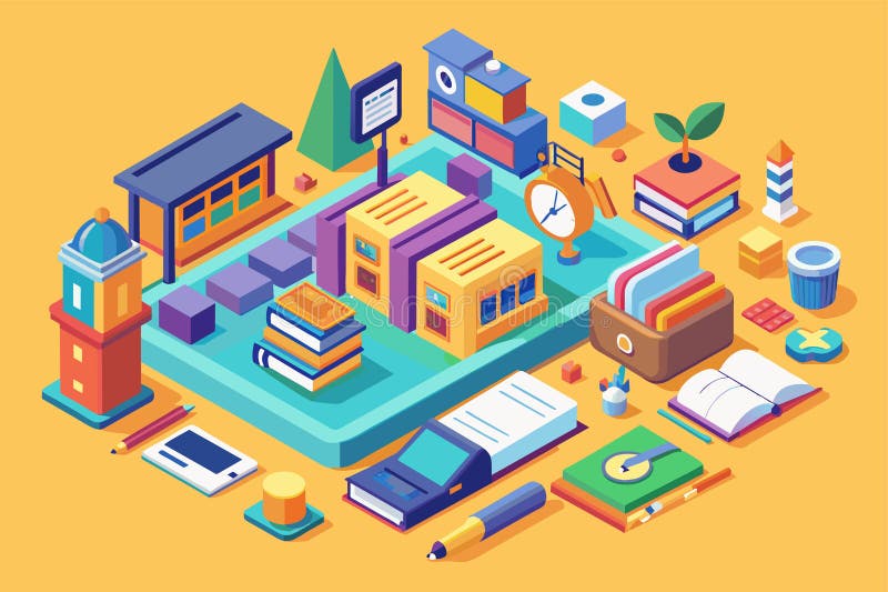 Isometric Illustration of a Flat Desk Topped with Books and a Clock ... Isometric Illustration of a Flat Desk Topped with Books and a Clock ...