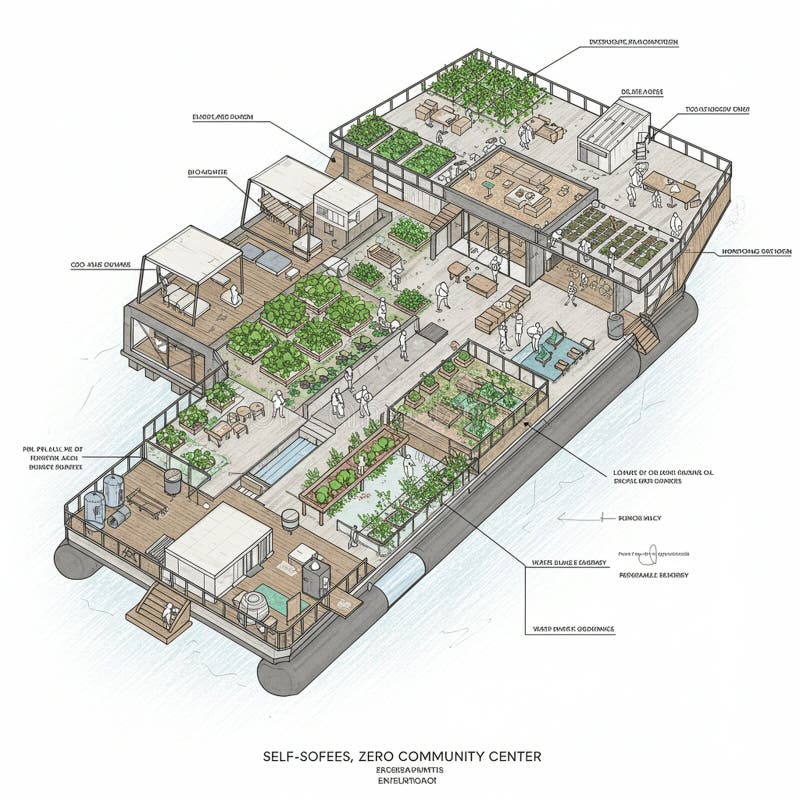 Isometric Illustration of a Floating Structure Labeled "Self-Sofees ...