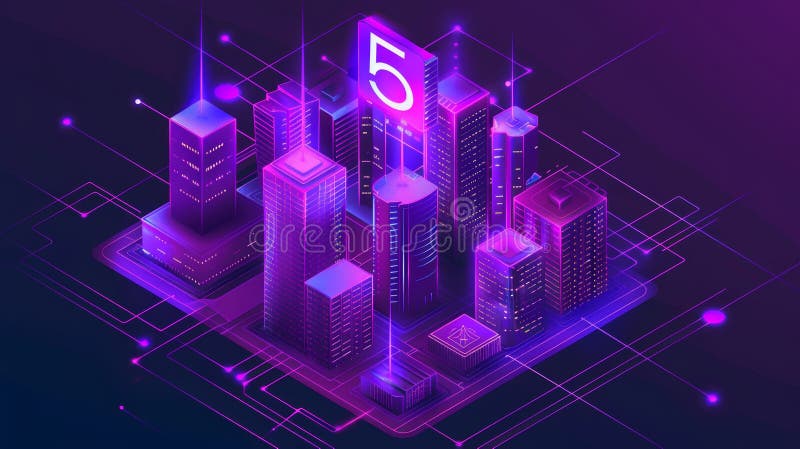 An Isometric Illustration of 5G Network Technology. the 5G Symbol is ...