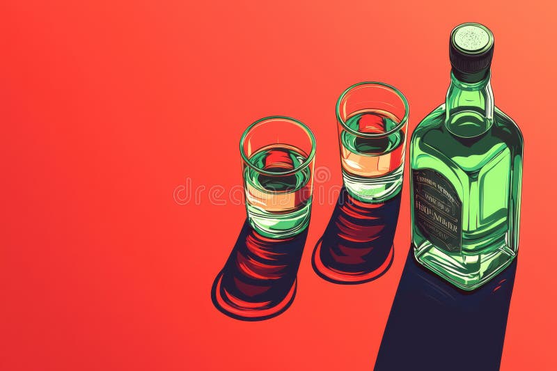 Isometric Illustration of a Green Vodka Bottle with Two Glasses on a ...