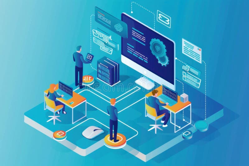 An Isometric Illustration of a Group of People Working on a Computer ...