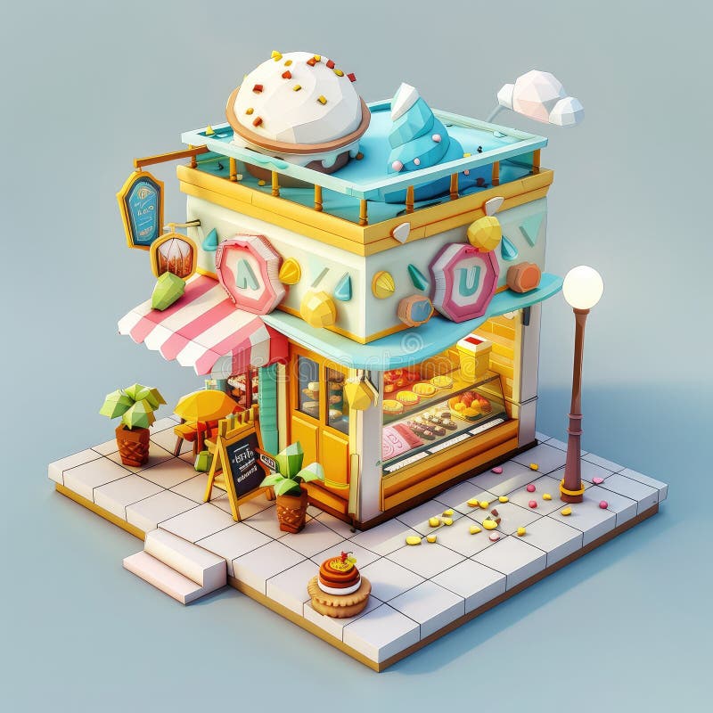 Isometric Illustration of an Ice Cream Shop with Assorted Flavors Stock ...