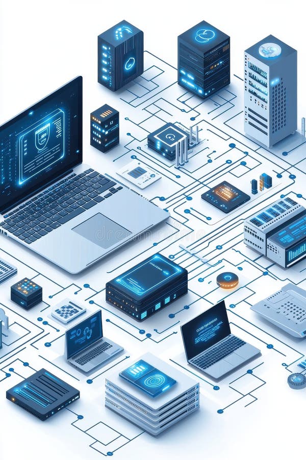 Isometric Illustration of Interconnected AI Devices and Cloud Computing Systems Stock Image ...
