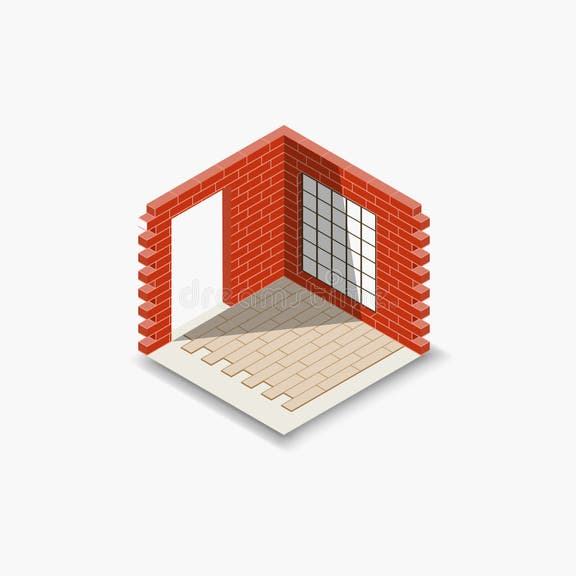 Isometric Illustration of an Interior Space with Two Red Brick Walls ...