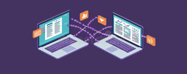Isometric Illustration of Laptops Sharing Digital Documents and Data ...