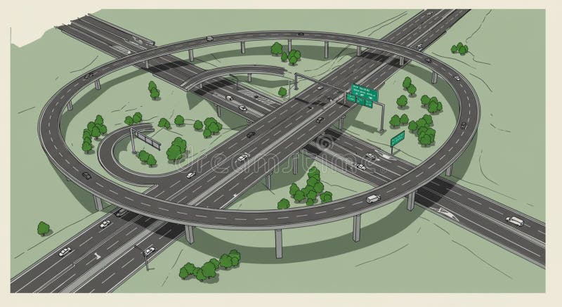 An Isometric Illustration of a Large Highway Interchange, Featuring ...