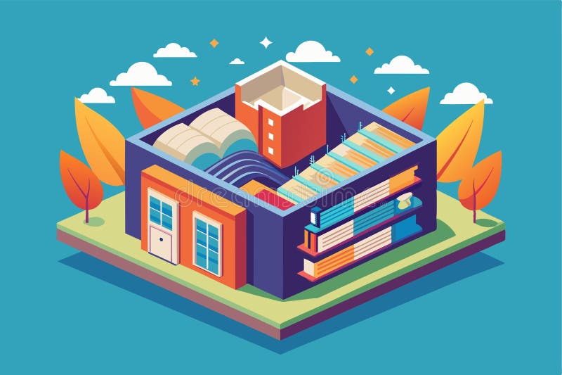 An Isometric Illustration of a Library Building with an Open Book on ...