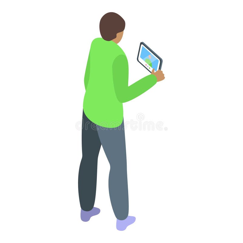 Isometric Illustration of a Man Standing while Engaged with a Tablet ...