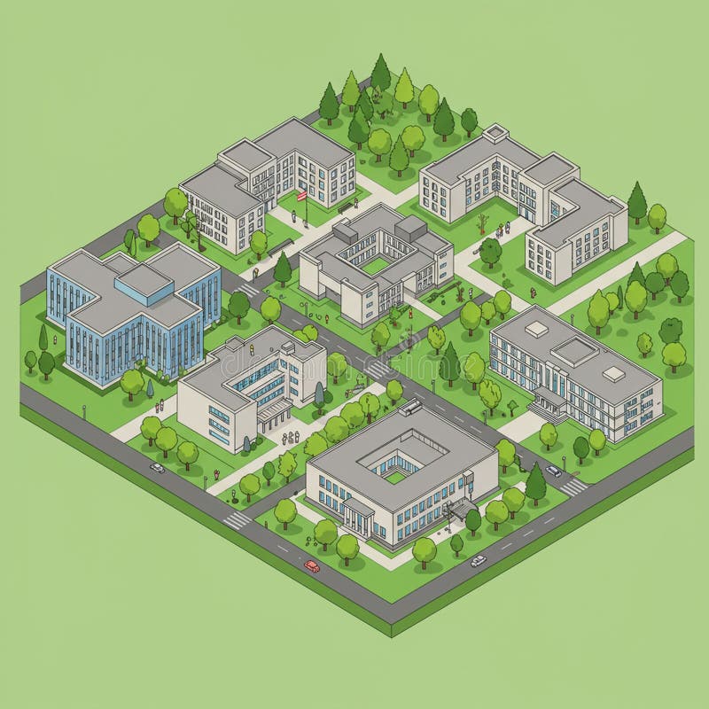 Isometric Illustration of a Modern Campus with Multiple Rectangular ...