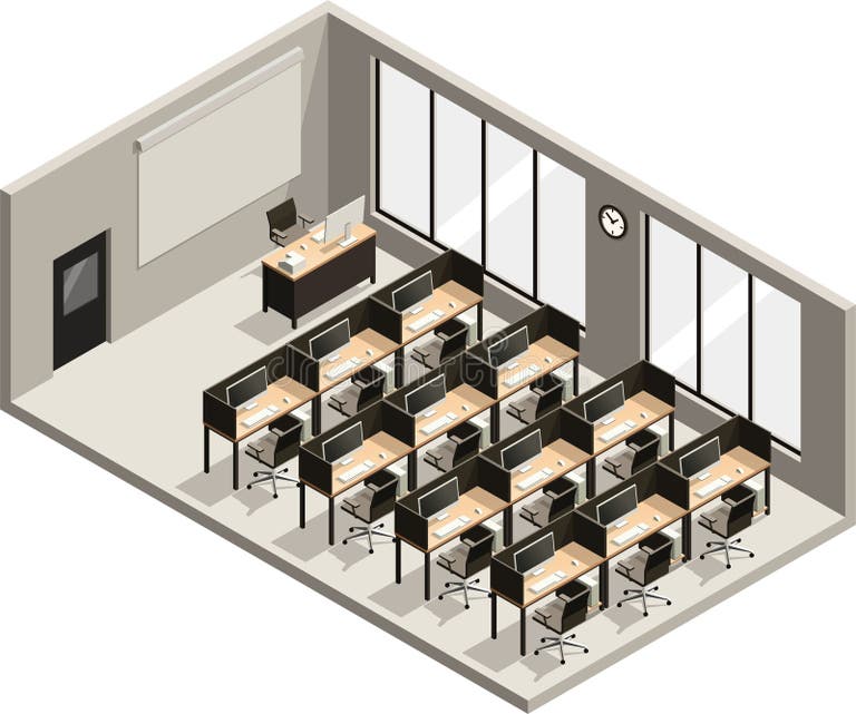 Isometric School Computer Lab Classroom Interior Stock Vector ...