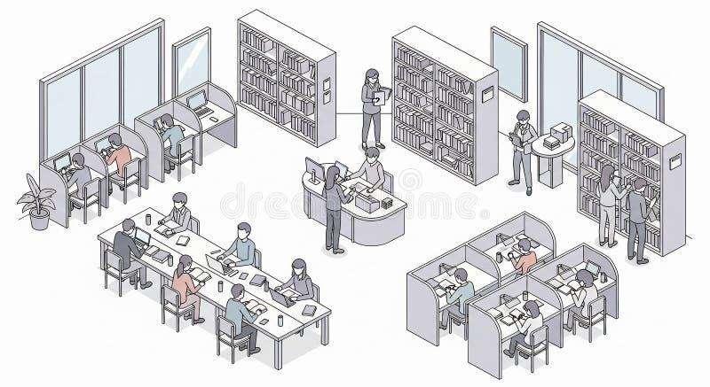 Isometric Illustration of a Modern Library or Study Space with People ...