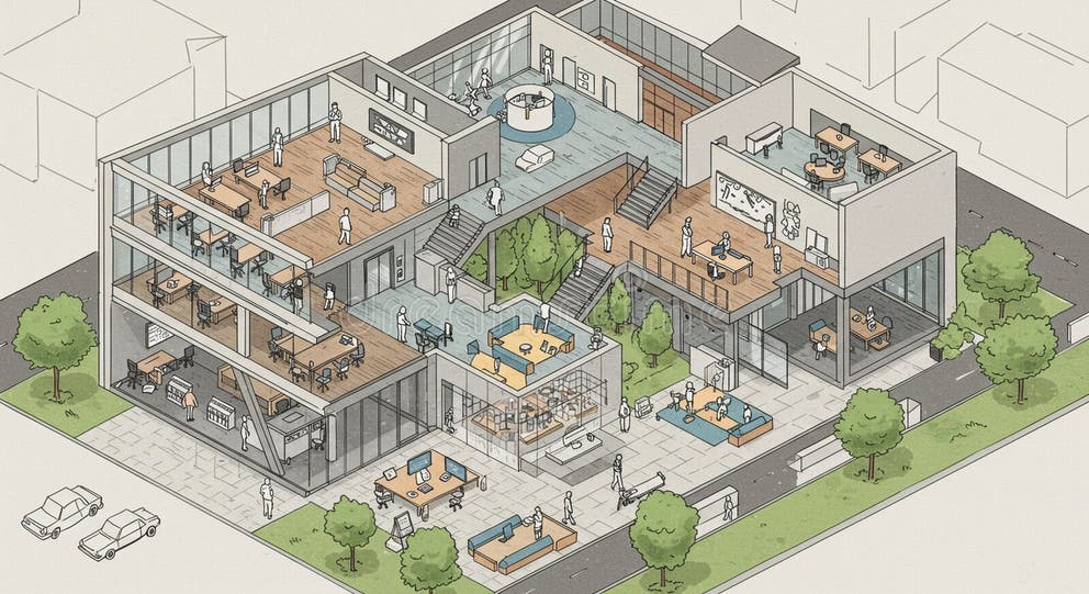 An Isometric Illustration of a Modern, Multi-level Office Space. the Building Features Stock ...