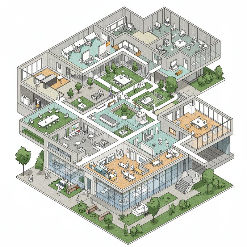Isometric Illustration of a Modern Multi-story Office Building. it Features Various Rooms Stock ...