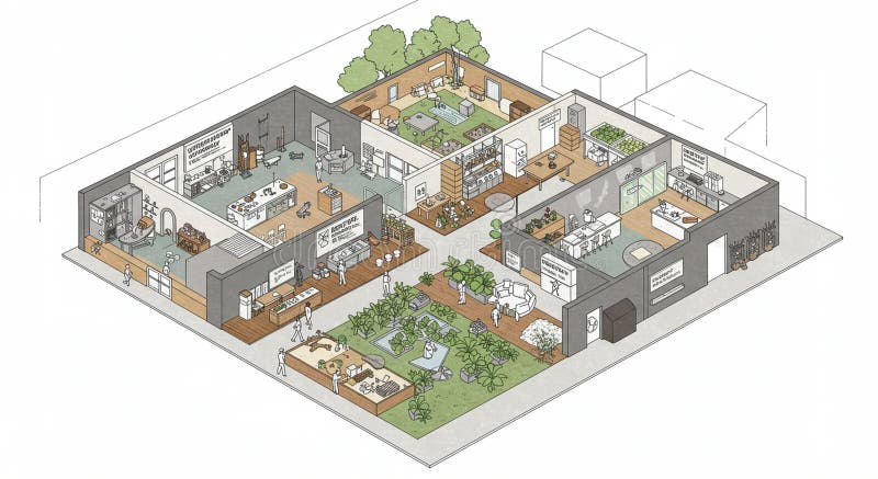 Isometric Illustration of a Modern Office Layout with Distinct Sections ...