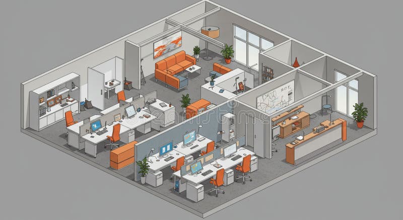Isometric Illustration of a Modern Office Layout Featuring Open ...