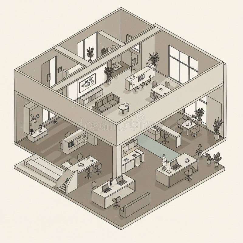 Isometric Illustration of a Modern Office Layout in Grayscale. Features ...