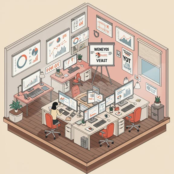 Isometric Illustration of a Modern Office Space, Featuring Multiple ...