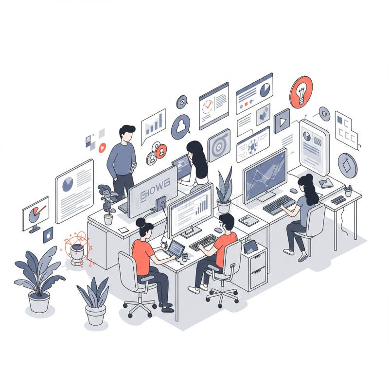 Isometric Illustration of a Modern Office Space with Five People ...