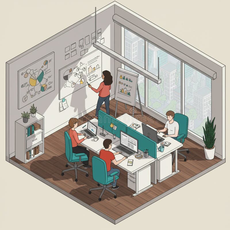 Isometric Illustration of a Modern Office with Three People Working ...