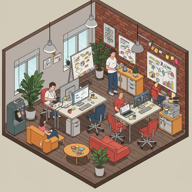 Isometric Illustration of a Modern Office Workspace with Four People. the Room Stock ...