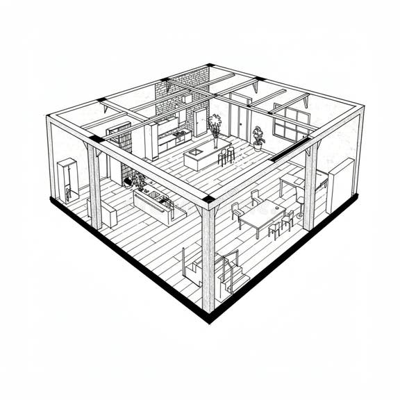 Isometric Illustration of a Modern, Open-plan Interior Space Featuring a Kitchen, Dining Stock ...