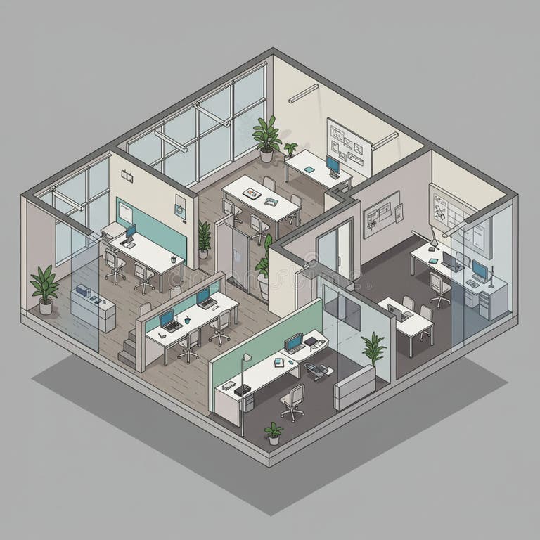 Isometric Illustration of a Modern Open-plan Office Layout. Multiple ...