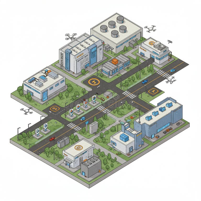 Isometric Illustration of a Modern Technology Park with Infrastructure ...