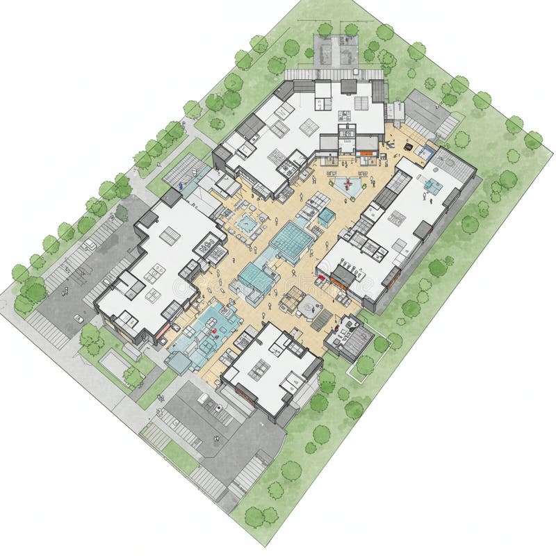 Isometric Illustration of a Multi-level Complex. the Layout Includes ...