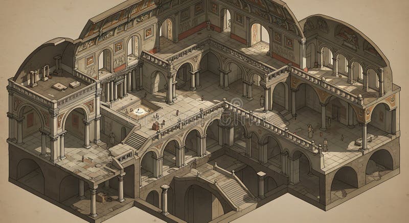 Isometric Illustration of a Multi-level Roman Architectural Structure ...