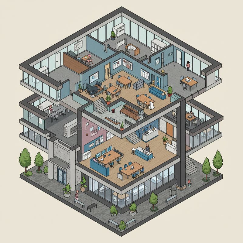 Isometric Illustration of a Multi-story Office Building with Three ...