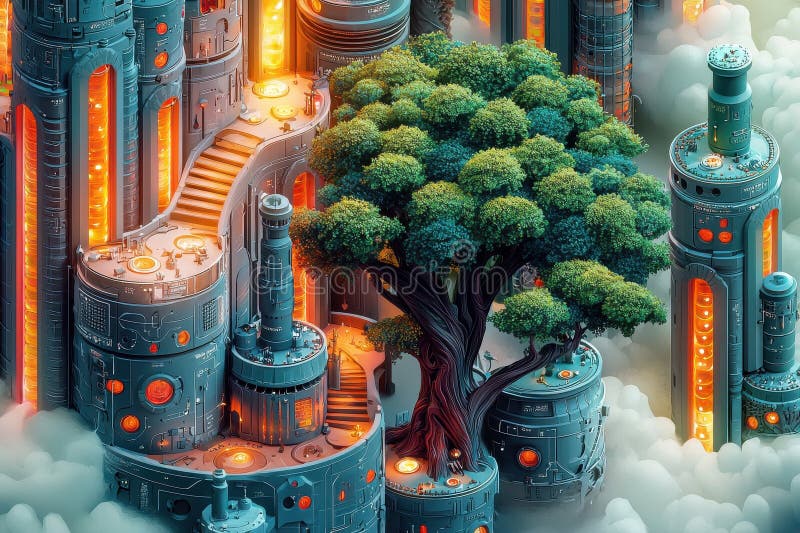 Isometric Illustration of a Mystical Tree Amidst Futuristic Modular ...