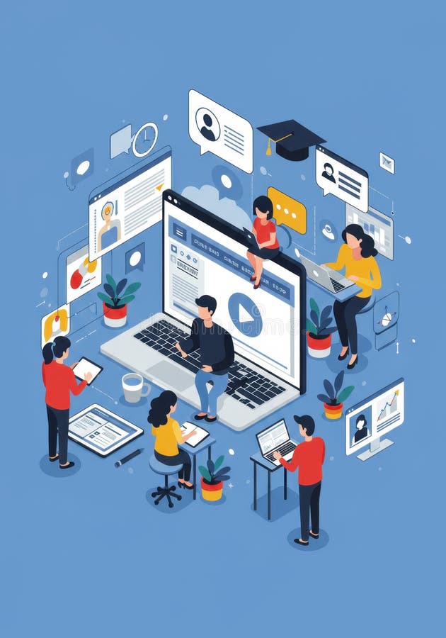 Isometric Illustration of Online Learning: Students and Teacher ...