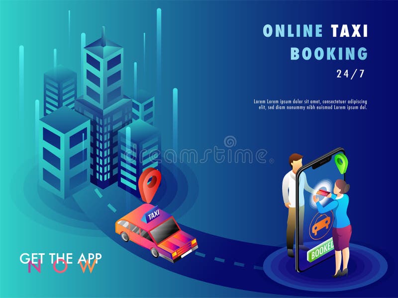 Isometric Illustration of People Booking a Cab Using Mobile App Stock ...