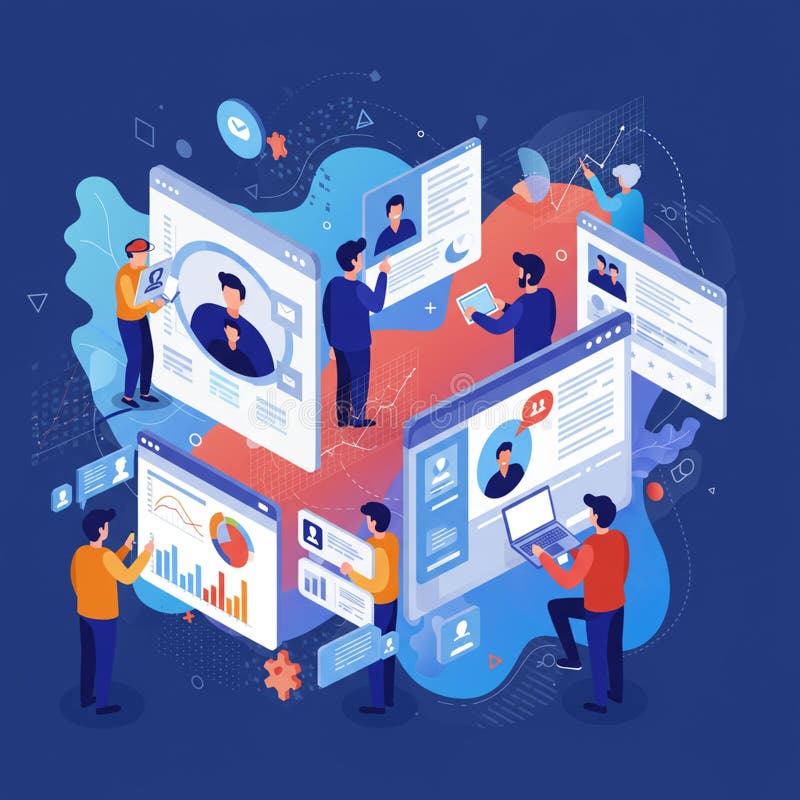 Sometric Illustration of People Interacting with Digital Interfaces ...